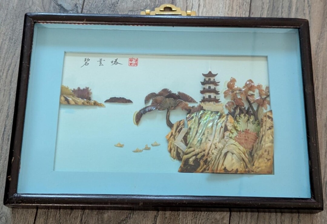 Vintage Chinese Mother of Pearl Shell Art Village Pagoda Diorama Shadow ...