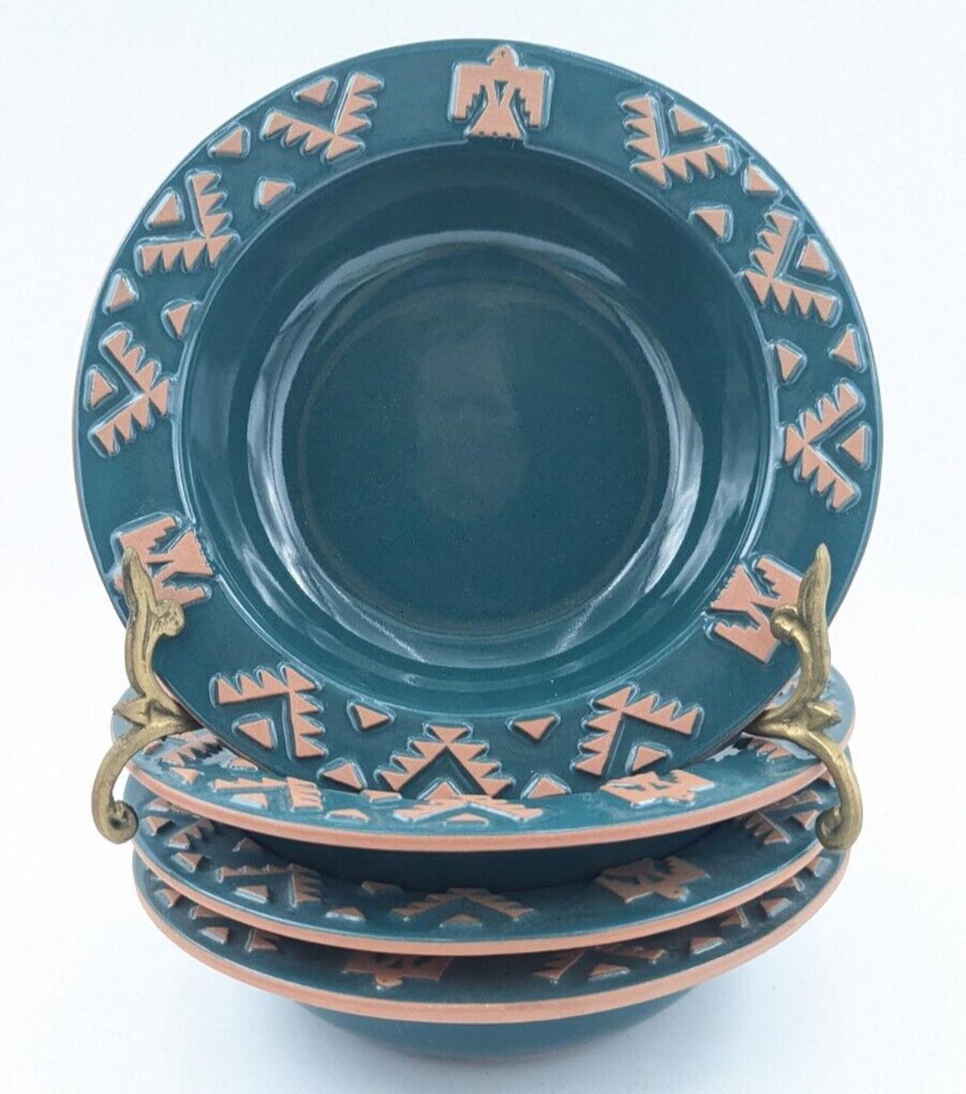 Frankoma Native American Teal Rim Soup Bowl Set of 4 Bowls Thunderbird ...
