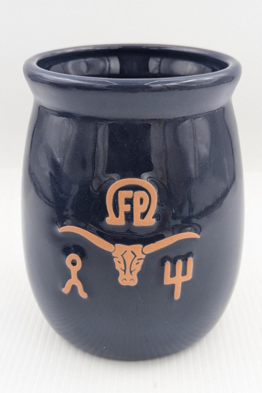 Frankoma Pottery rach Navy Blue Cattle Brands Longhorn Canister Utensil ...