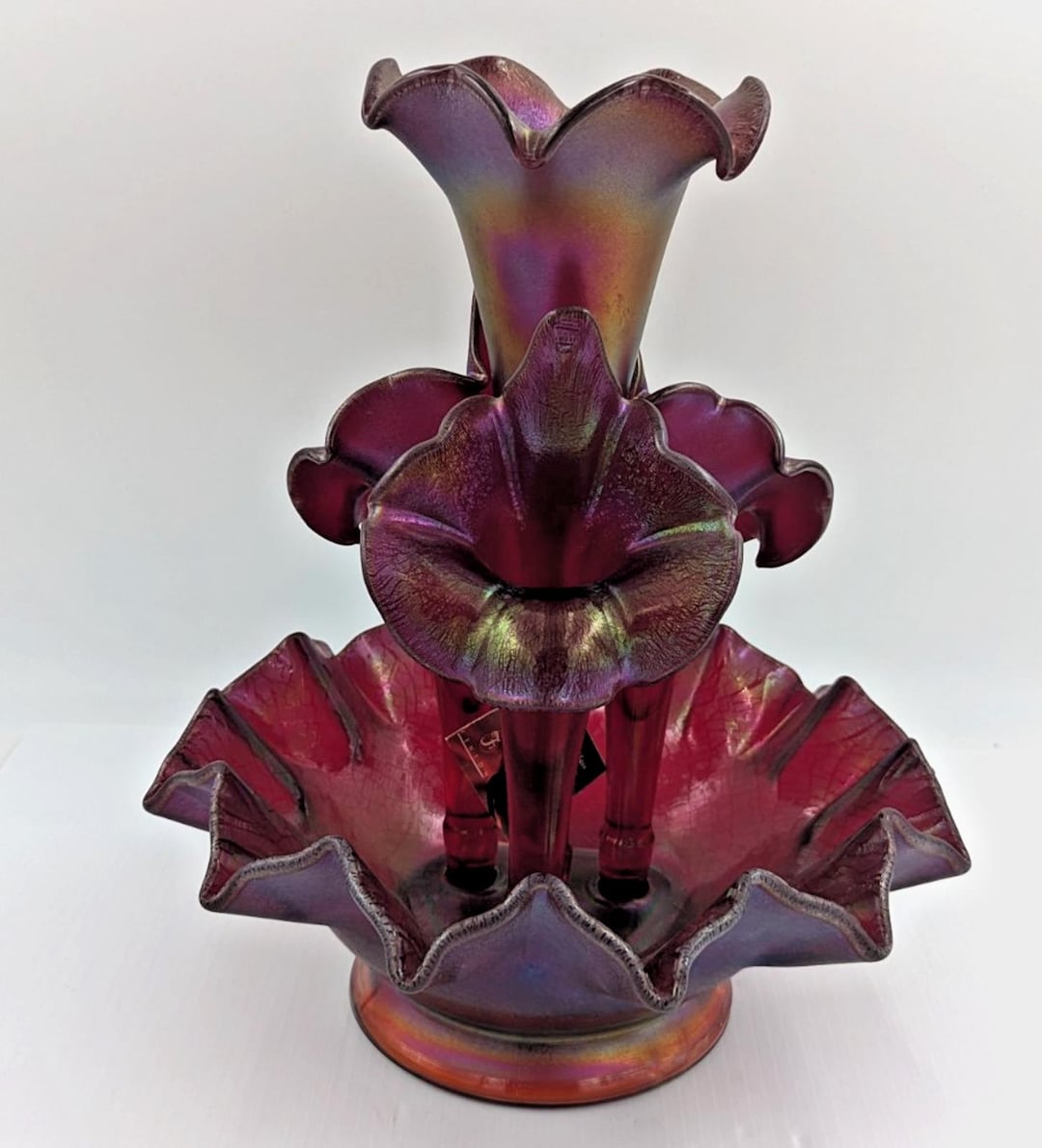 Fenton Ruby Red Amberina Iridescent Stretch Glass Epergne W/tags 7061 ...