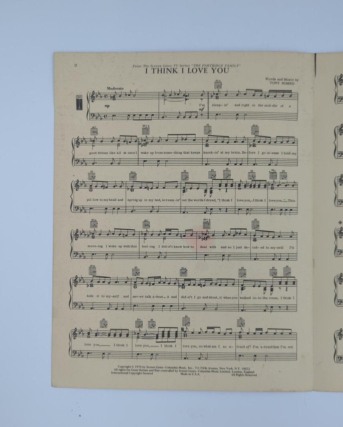 I Think I Love You Recorded by the Partridge Family Sheet Music by Tony ...