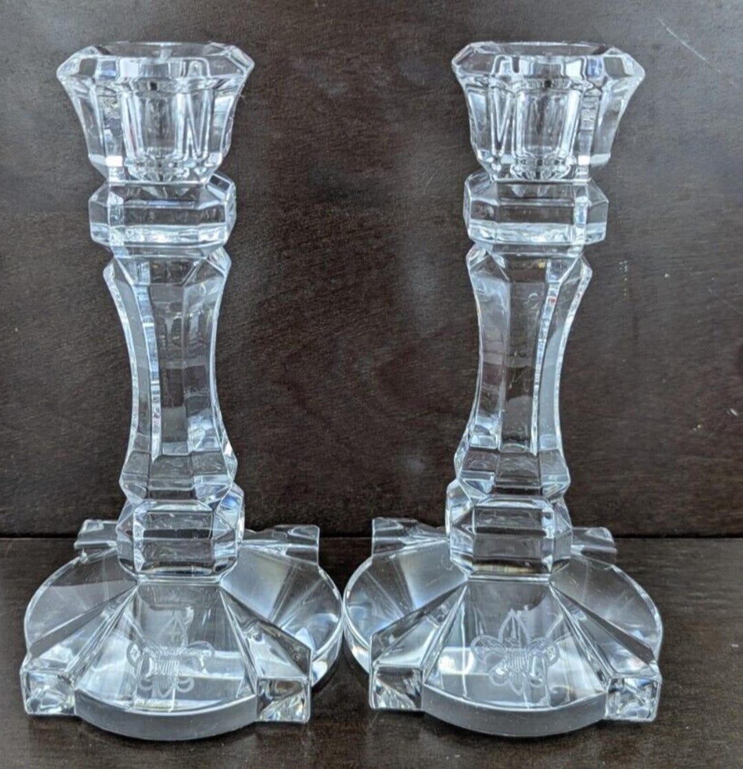 Pair Miller Rogaska Lead Crystal Candle Sticks With Boy Scouts of ...