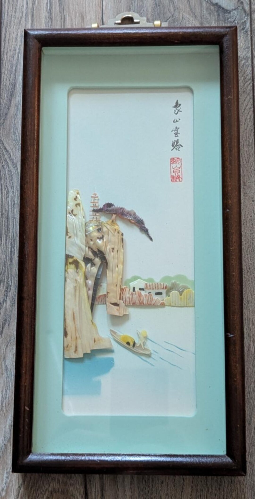 Vintage Chinese Mother of Pearl Shell Art Village Pagoda Diorama Shadow ...