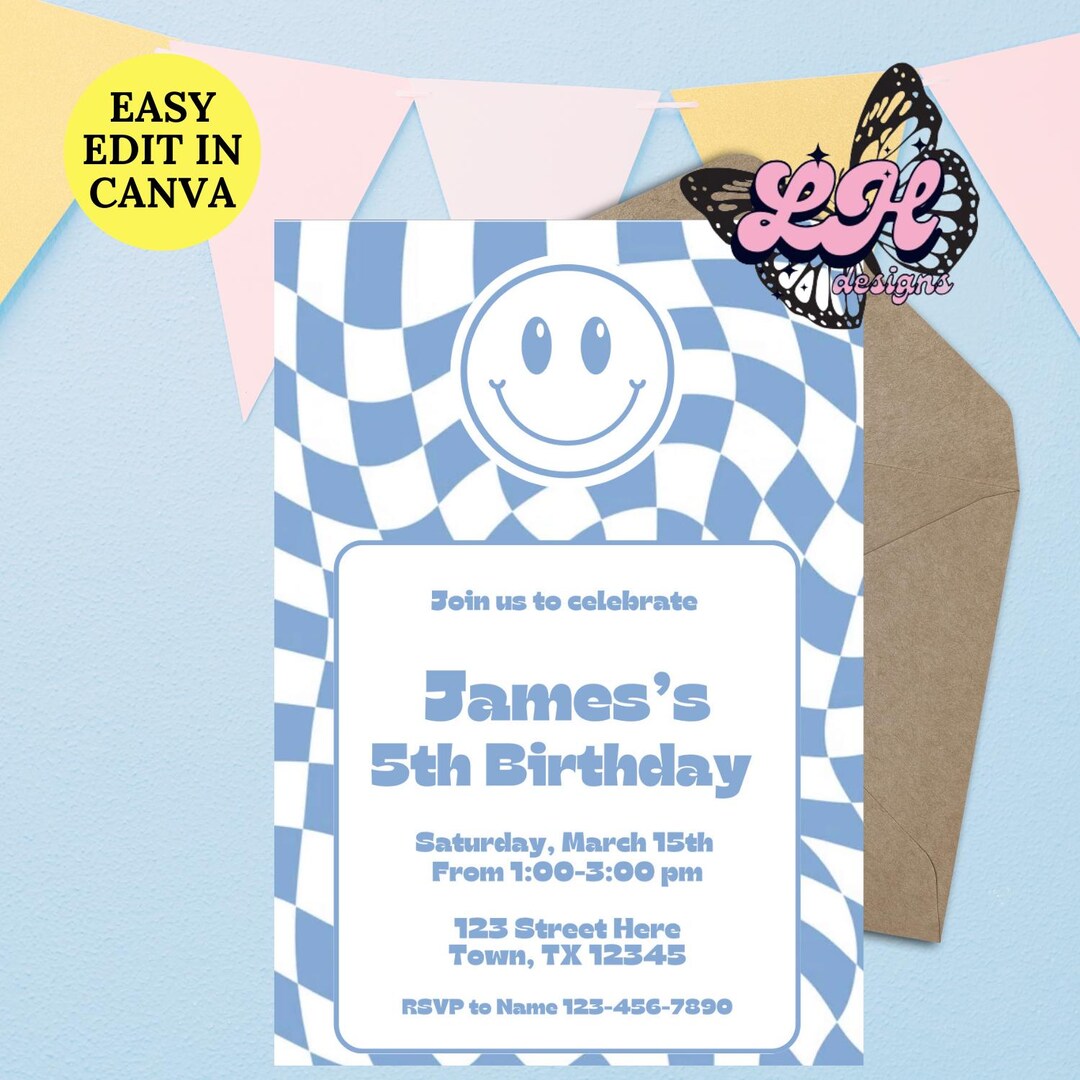 Retro Smiley Face Birthday Invitation: Blue Checkered Party (digital ...