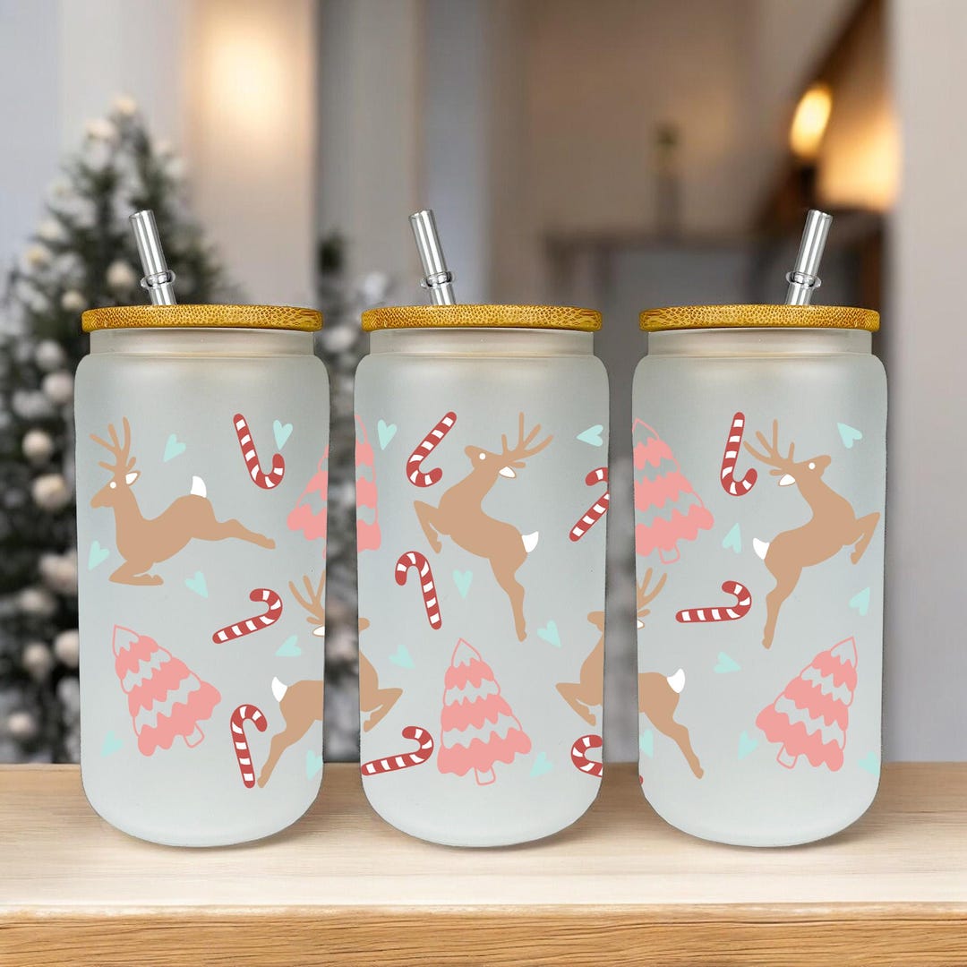 Pink Christmas Tree Design Glass Cup, Christmas Reindeer Glass Jar ...