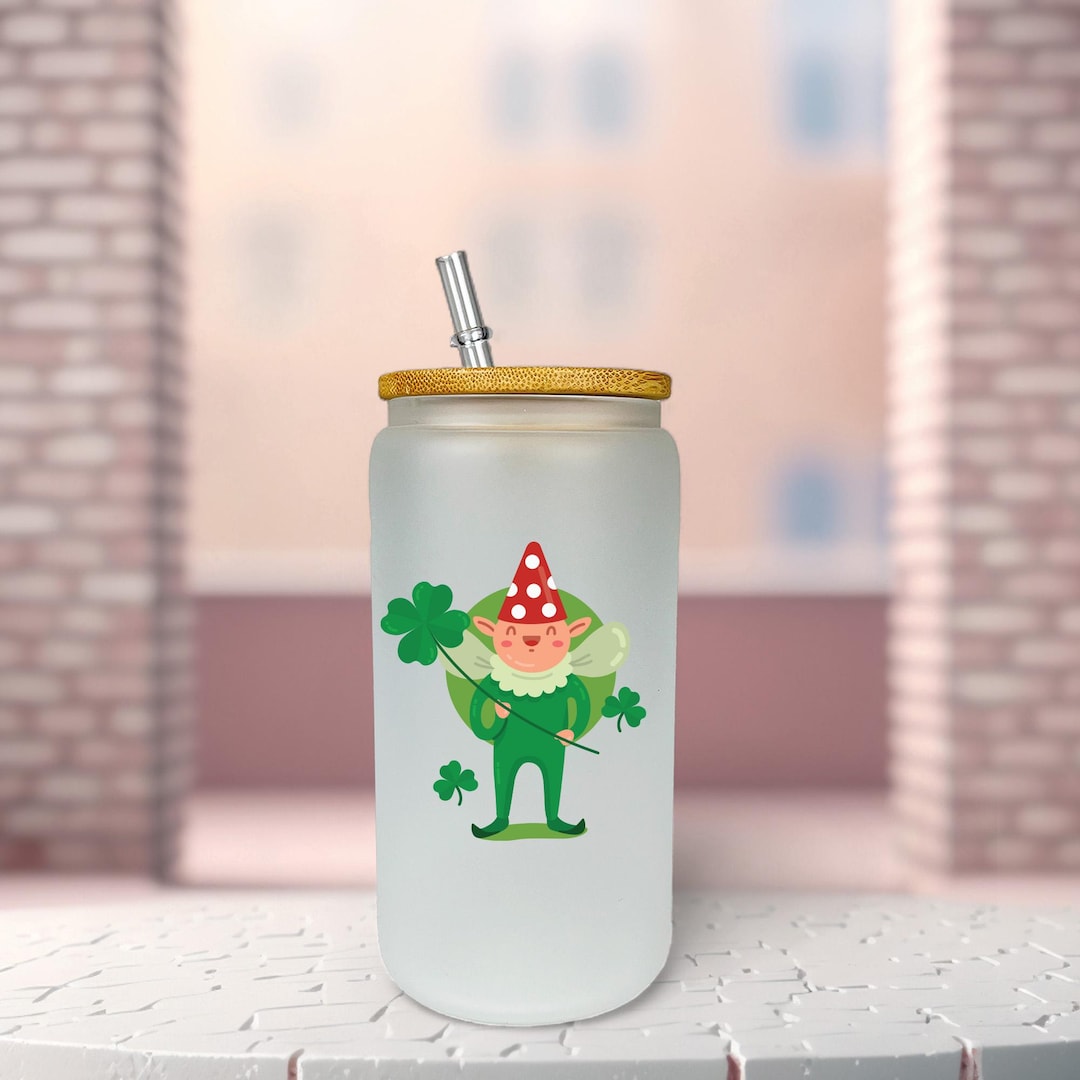 Leprechaun Glass Tumbler, Four Leaf Clover Glass Cup, St Patrick's Day ...