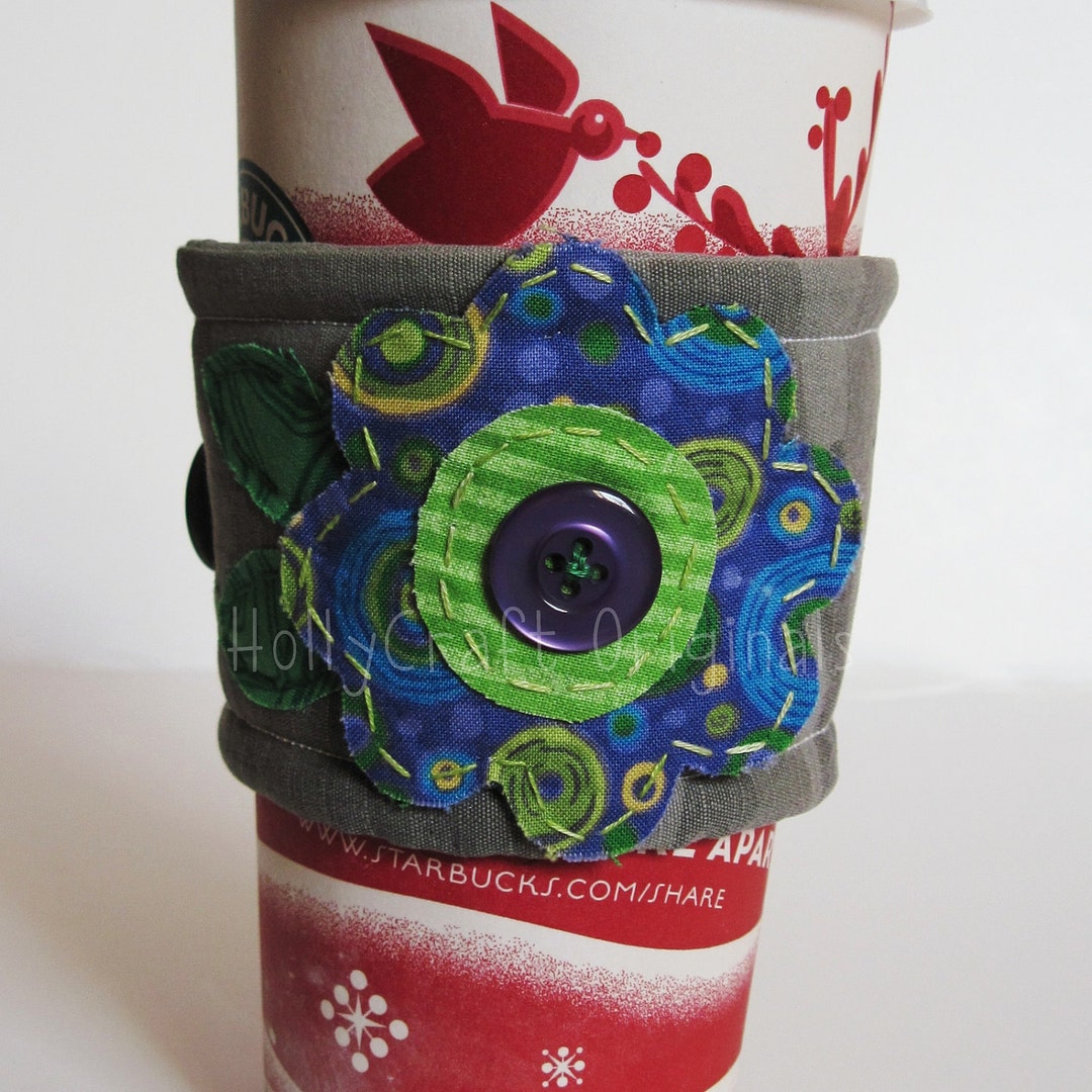 Upcycled Denim Coffee Cup Cozy With Flower Applique - Etsy
