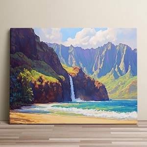 Tropical Beach Waterfall Canvas Print - Hawaiian Seascape Painting, Na ...
