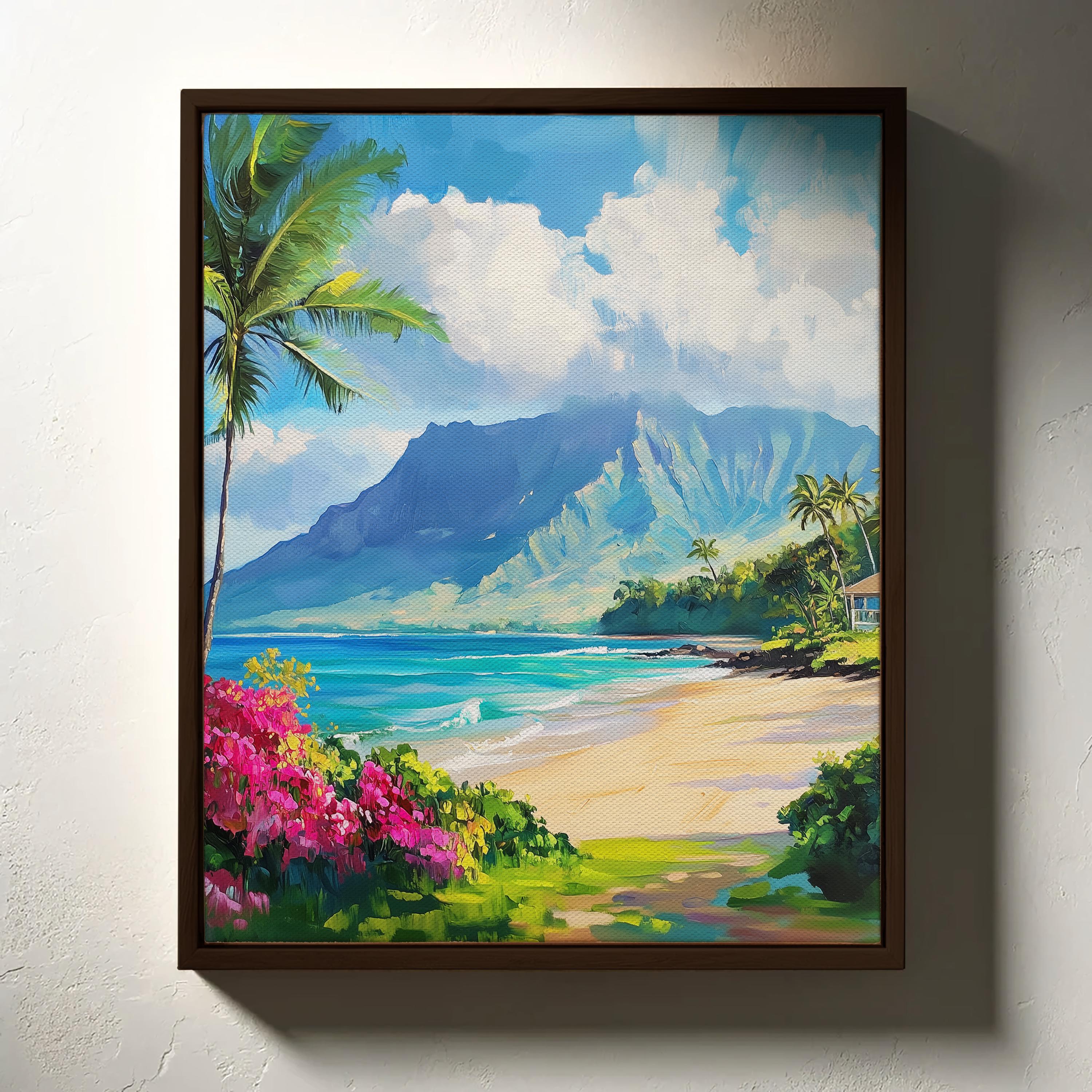 Hawaiian Beach Oil Painting Wall Art - Coastal Canvas Print With Palm ...