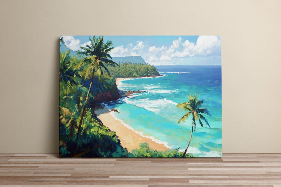 Tropical Beach Painting - Coastal Wall Art, Ocean View Print, Palm Tree ...