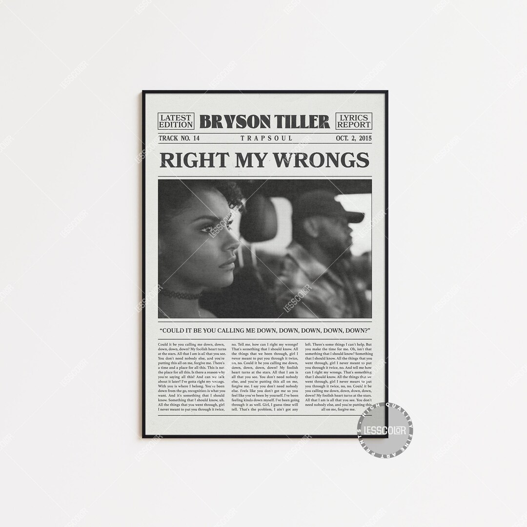 Bryson Tiller Newspaper Print, Right My Wrongs Poster, Right My Wrongs ...