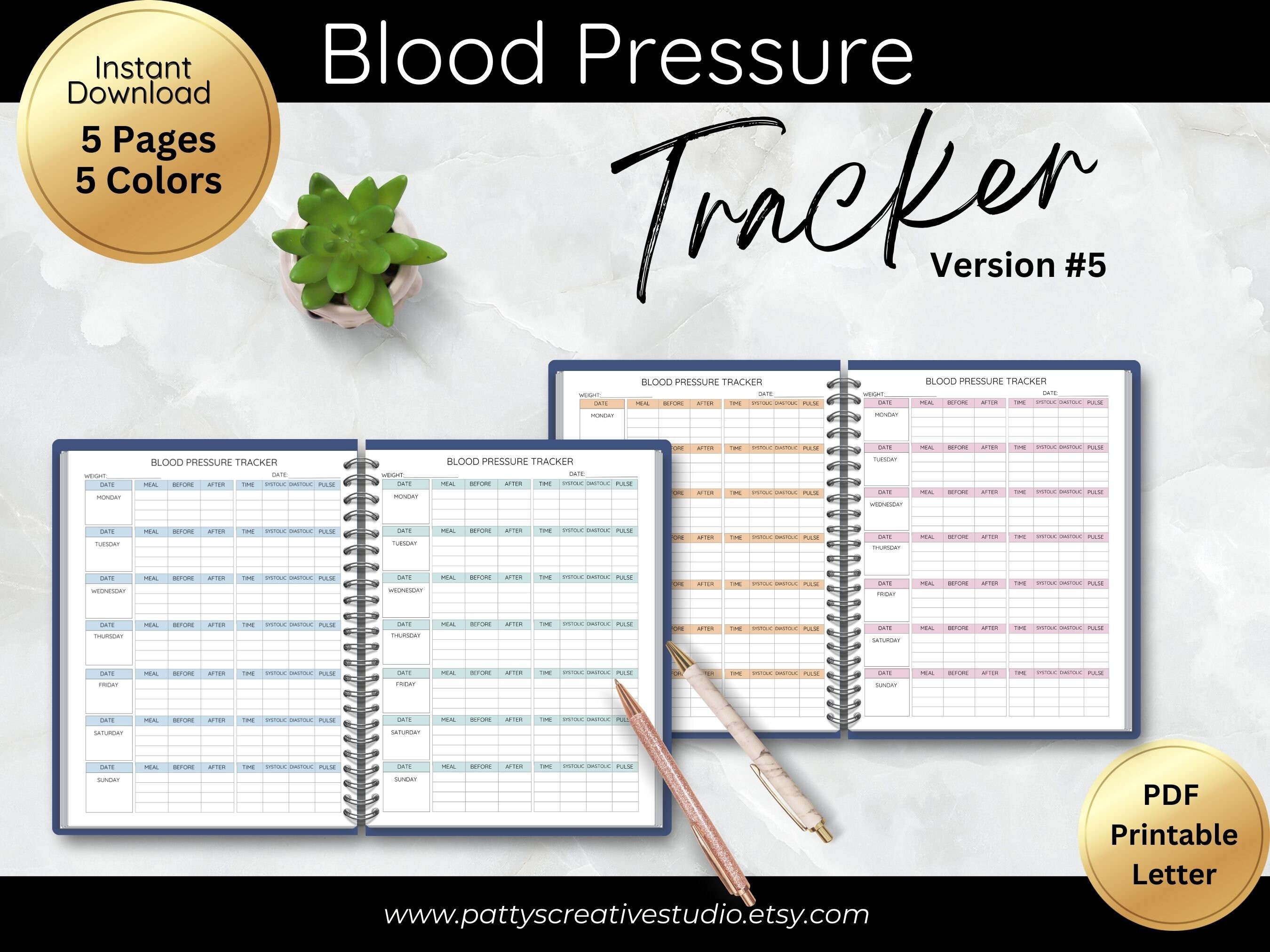 Weekly Blood Pressure Tracker BP Log Blood Pressure Chart Daily Medical ...