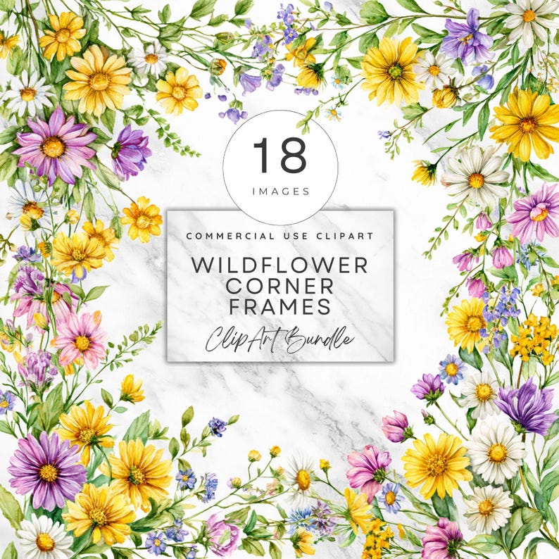 Wildflower Frame Corner Clipart Bundle Watercolor Yellow Wildflower ...