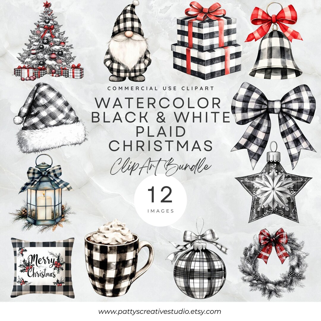 Black and White Plaid Christmas Clipart Bundle Black Checkered ...