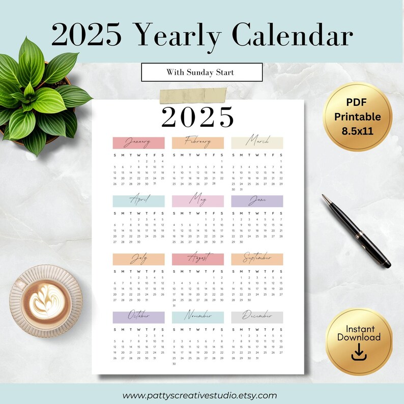 2025 S-S Yearly Calendar Pastel Color Calendar Planner Printable ...