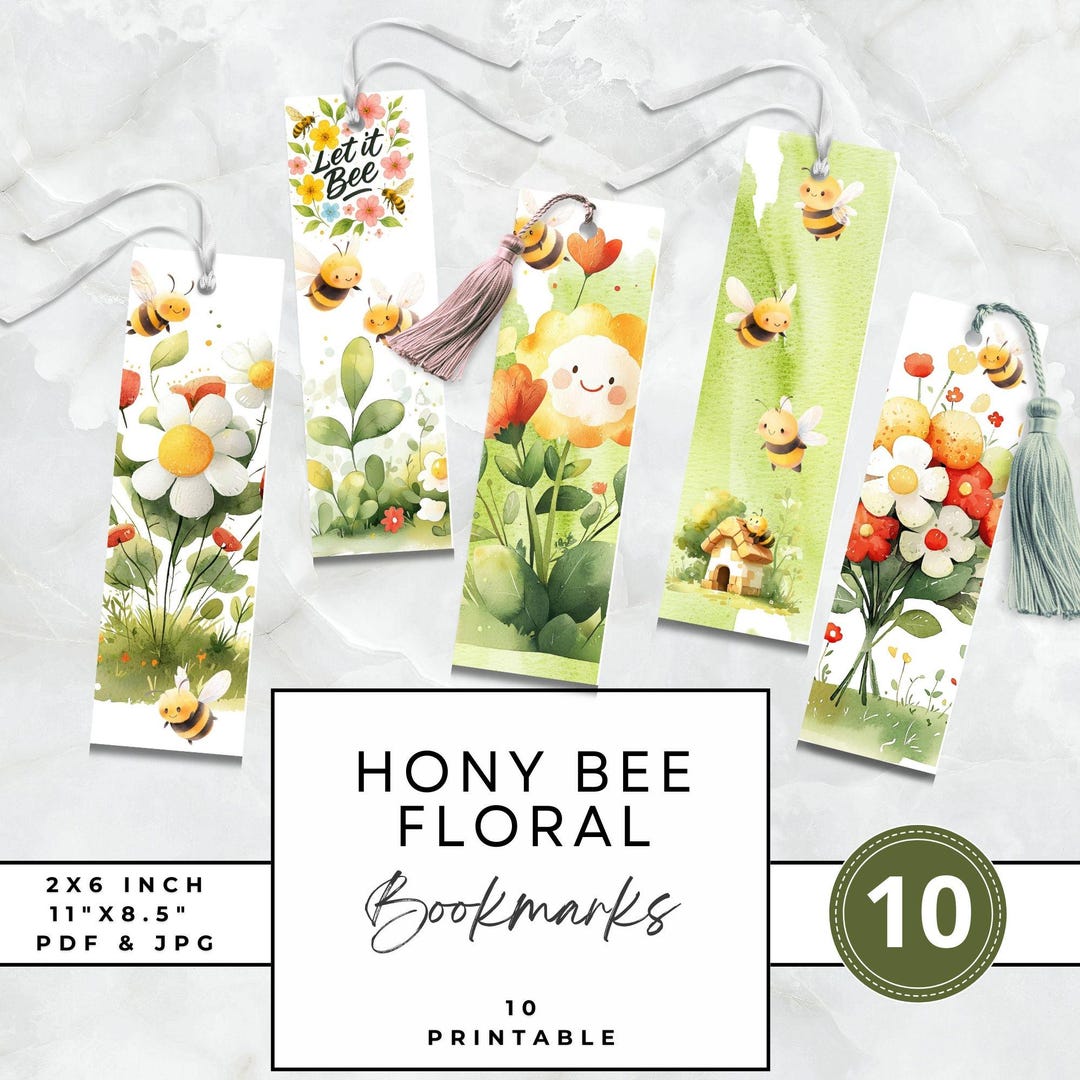 Honey Bee Floral Bookmark Printable Set of 10 Book Lovers Digital ...