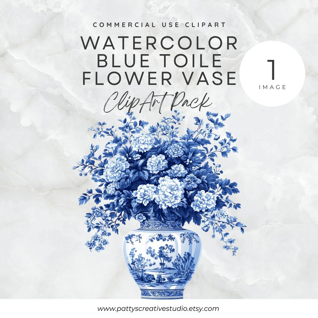 Blue Toile Vase of Flowers 1 Image Clipart Blue Chinoiserie Jar Vase ...