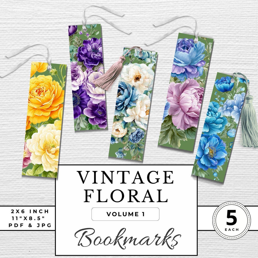 Vintage Floral Bookmarks Printable Set of 5 Book Lovers Digital ...