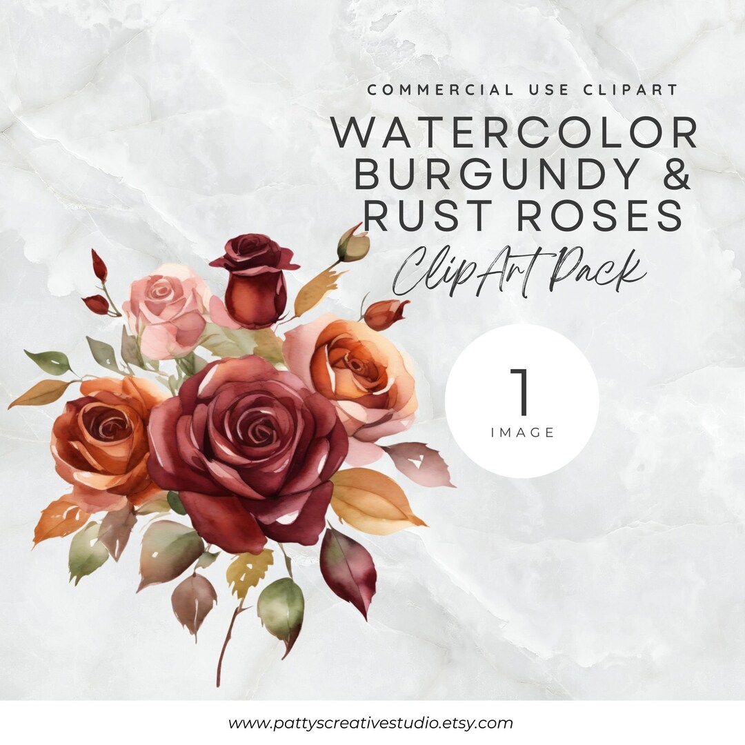 Burgundy and Rust Roses Flower 1 Image Clipart Wedding Roses Watercolor ...