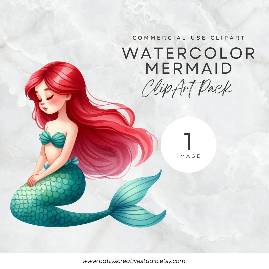 Cute Little Mermaid Watercolor Clipart 1 Image Princess Ariel Digital ...
