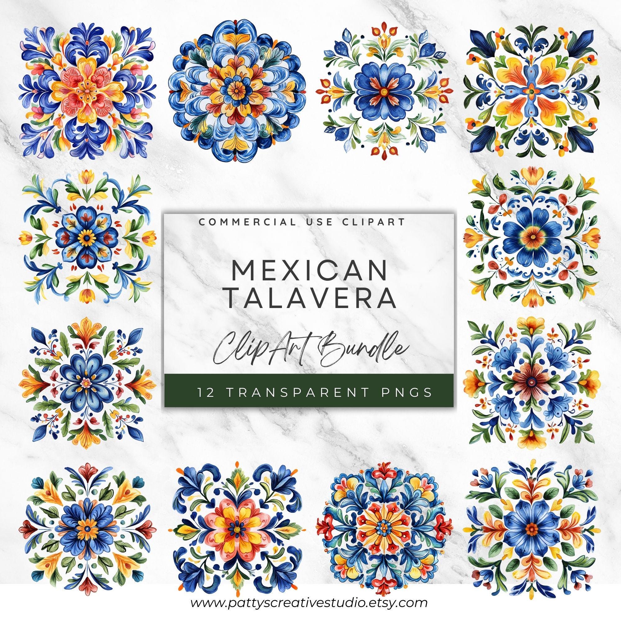 Mexican Talavera Tiles Clipart Set Mosaic Tile PNG Colorful Floral ...