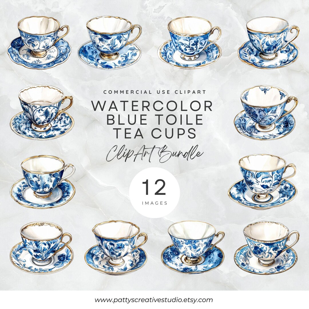 Blue Toile Tea Cup Clipart Bundle Navy Chinoiserie Watercolor Floral ...