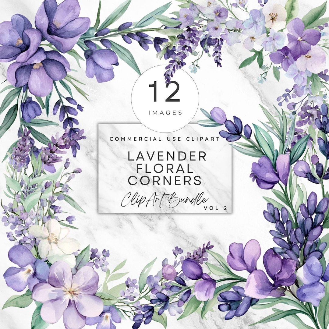 Lavender Floral Corner Border Frames Clipart Bundle Watercolor Purple ...