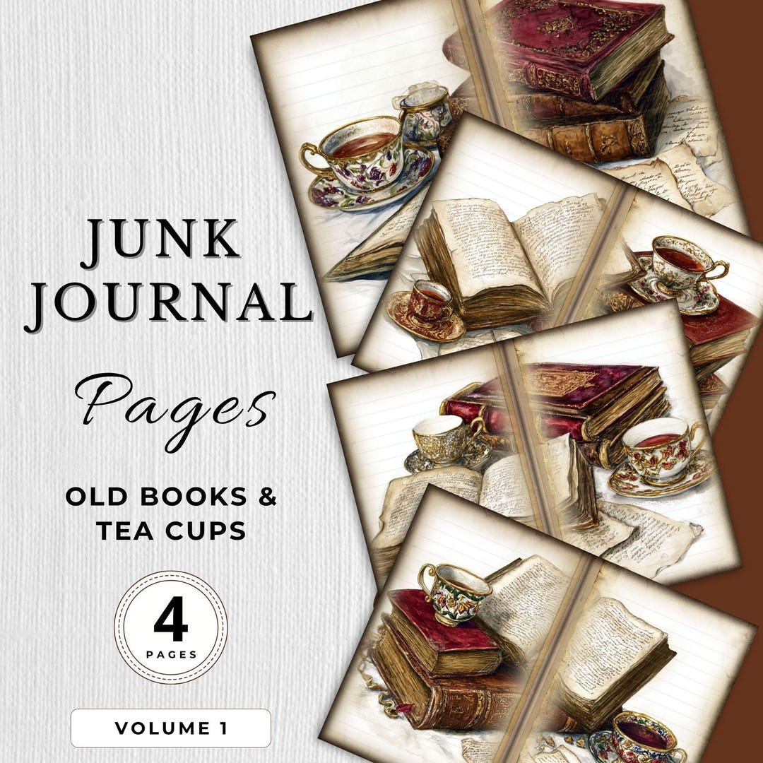 Old Books Tea Cups Junk Journal Digital Paper Pages Antique Books & Tea ...