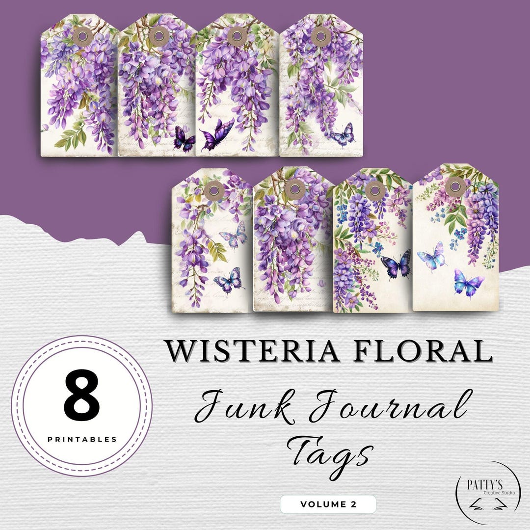 Wisteria Floral Junk Journal Ephemera Tags Purple Wisteria Flowers ...