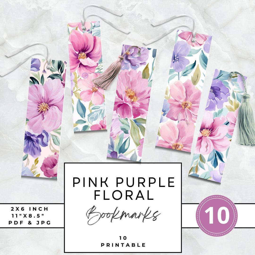 Pink Purple Floral Bookmarks Printable Set of 10 Pretty Floral Book ...