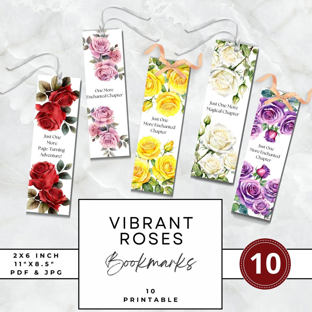 Vibrant Roses Bookmarks Printable Set of 10 Book Lovers Digital ...