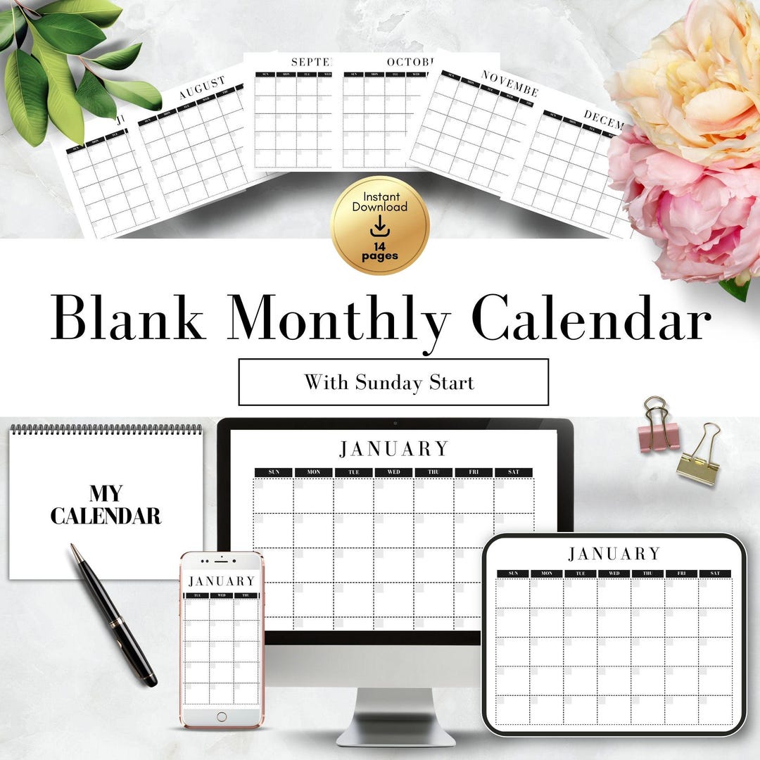 Blank 12-month Undated Calendar Simple Monthly Calendar Printable ...