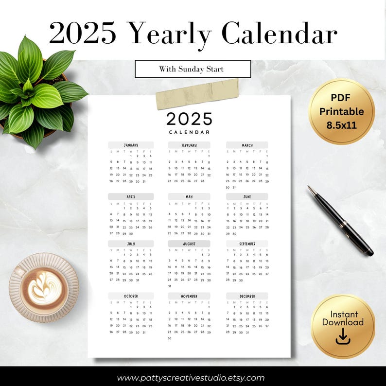 2025 Yearly Calendar Black White Basic Year at a Glance Calendar ...