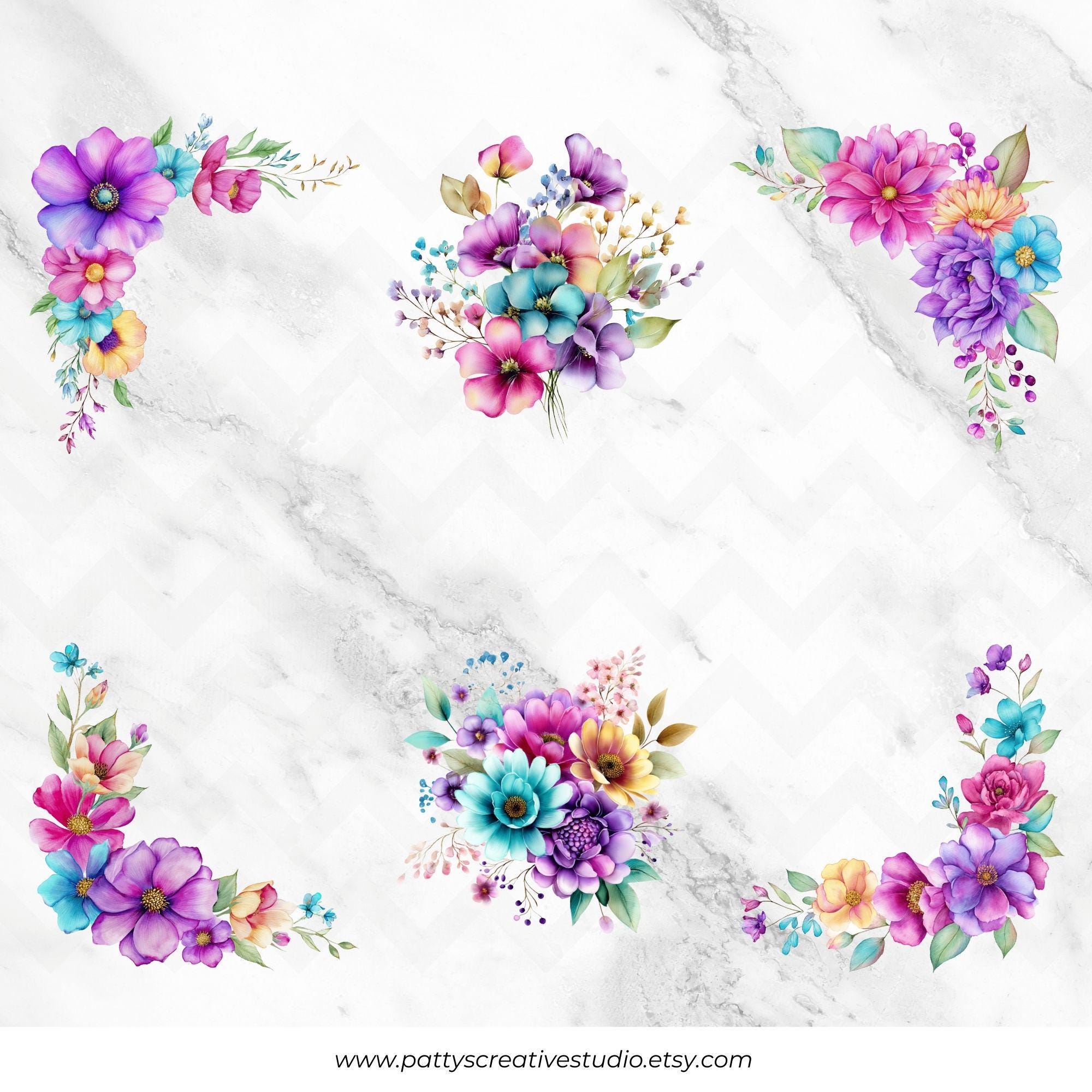 Bright Floral Corner Frame Clipart Bundle Watercolor Bright Flowers ...