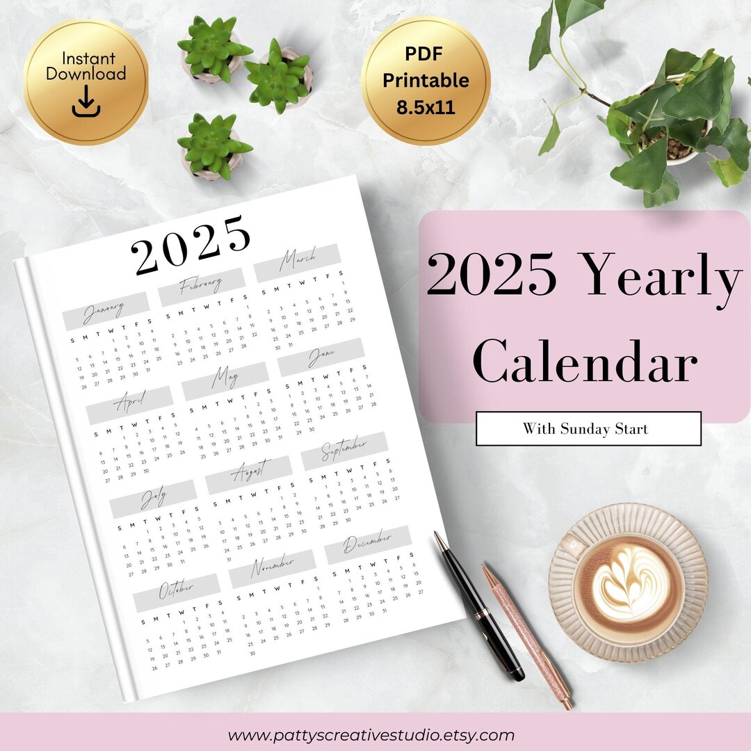 2025 S-S Yearly Calendar Black White Basic Year at a Glance Calendar ...