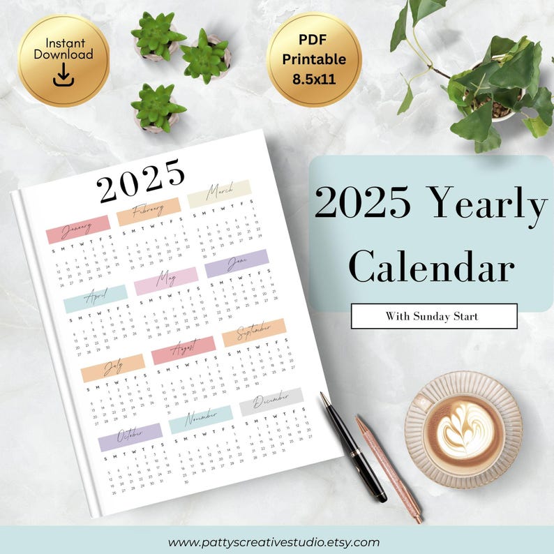 2025 S-S Yearly Calendar Pastel Color Calendar Planner Printable ...