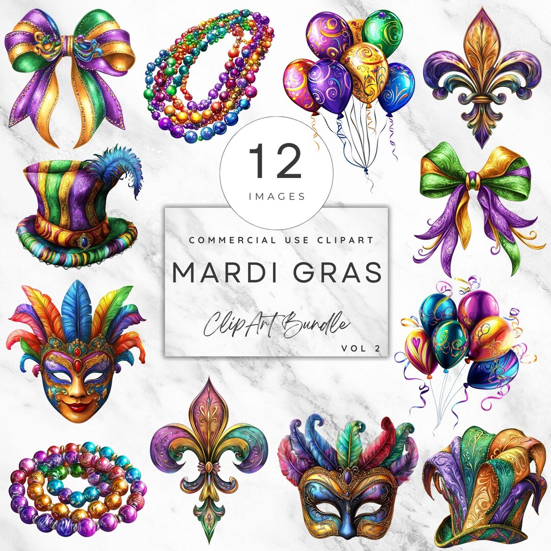 Mardi Gras Masks Clipart Pack Colorful Hats Balloons Ribbons Beads ...