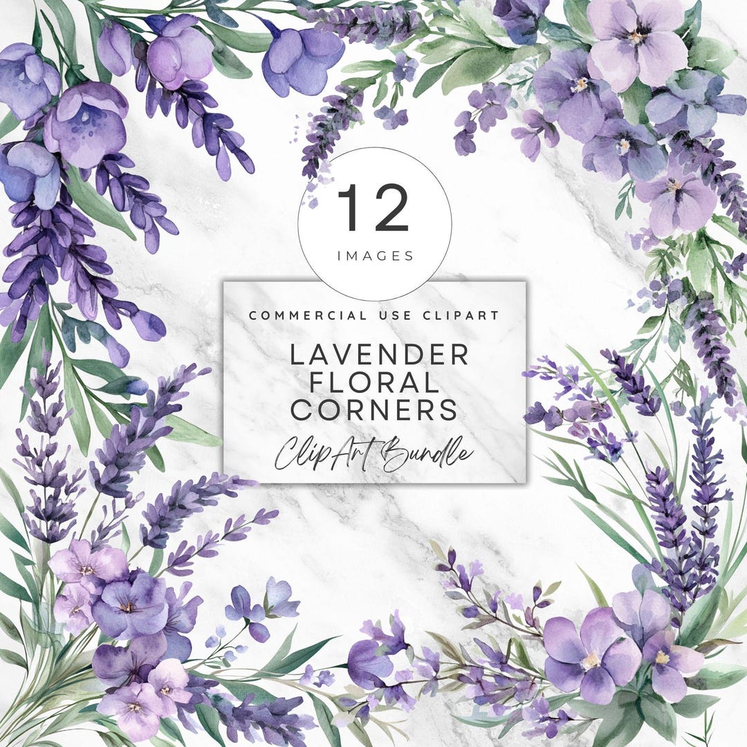 Lavender Floral Corner Frames Clipart Bundle Watercolor Purple Lavender ...