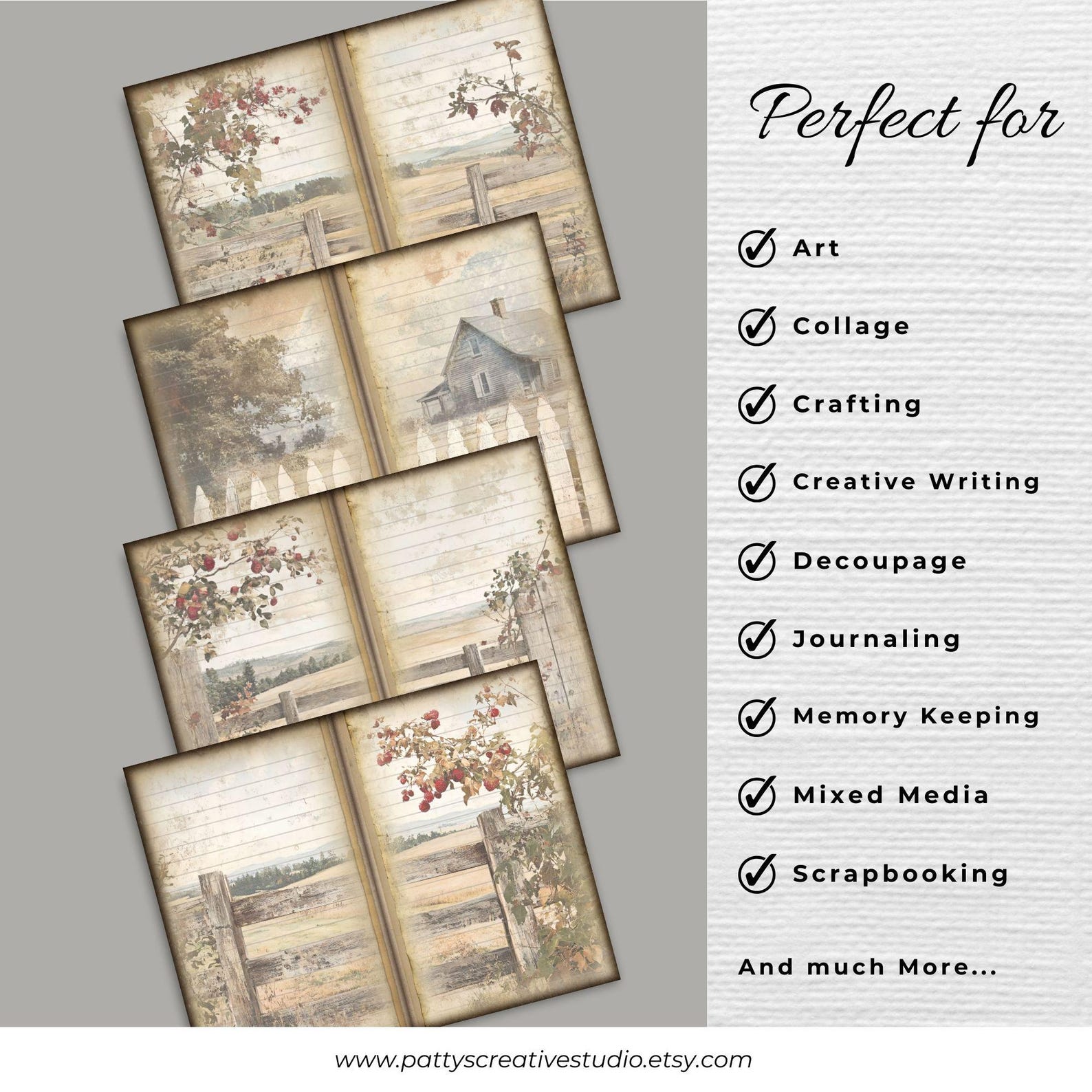 Fences Junk Journal Digital Paper Pages Rustic Cottage Country Fences 4 ...