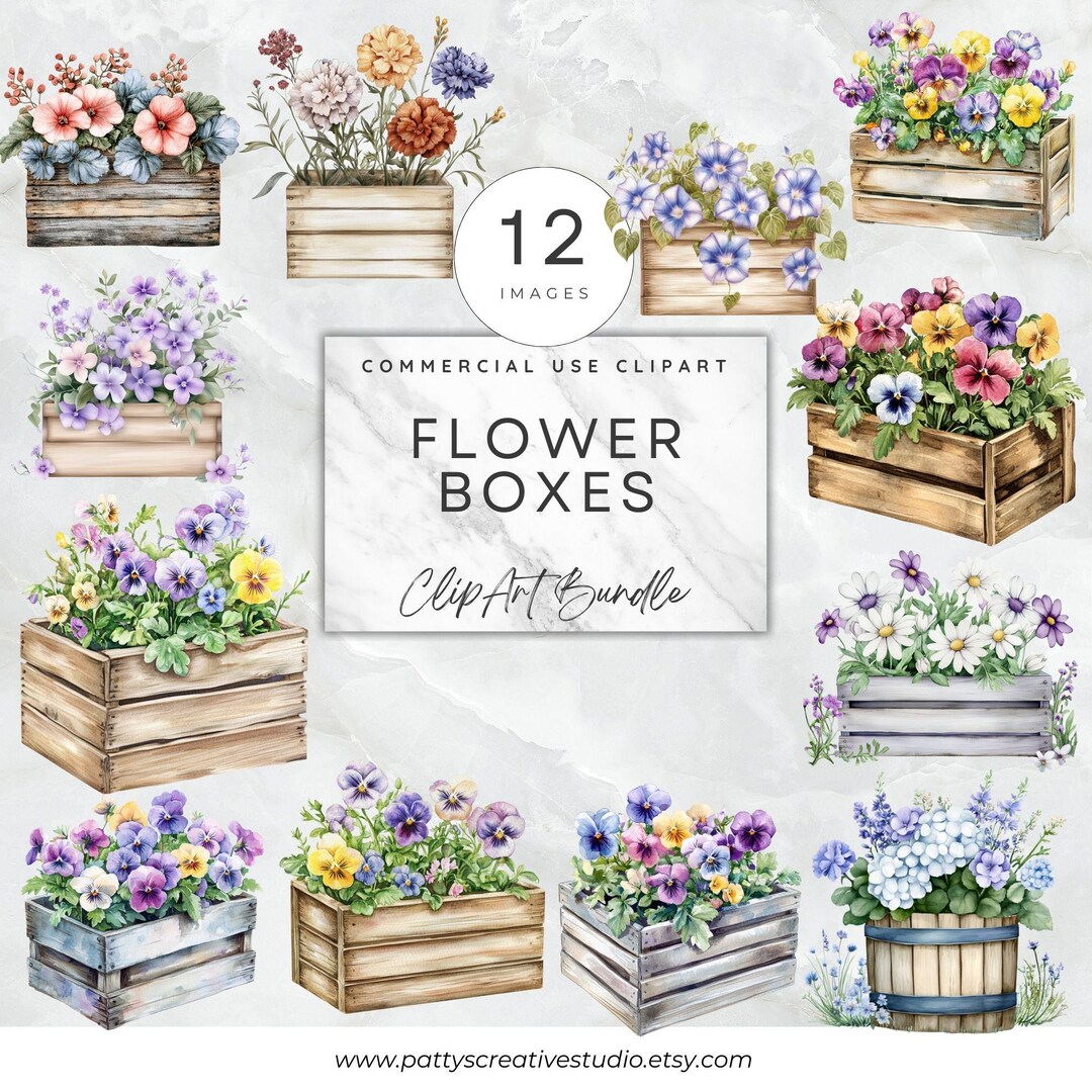 Garden Flower Box Clipart Bundle Watercolor Spring Summer Garden Floral ...