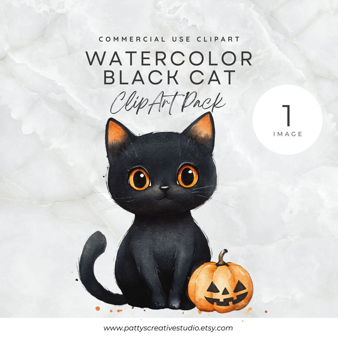 Halloween Black Cat Watercolor Clipart 1 Image Digital Craft Fall ...