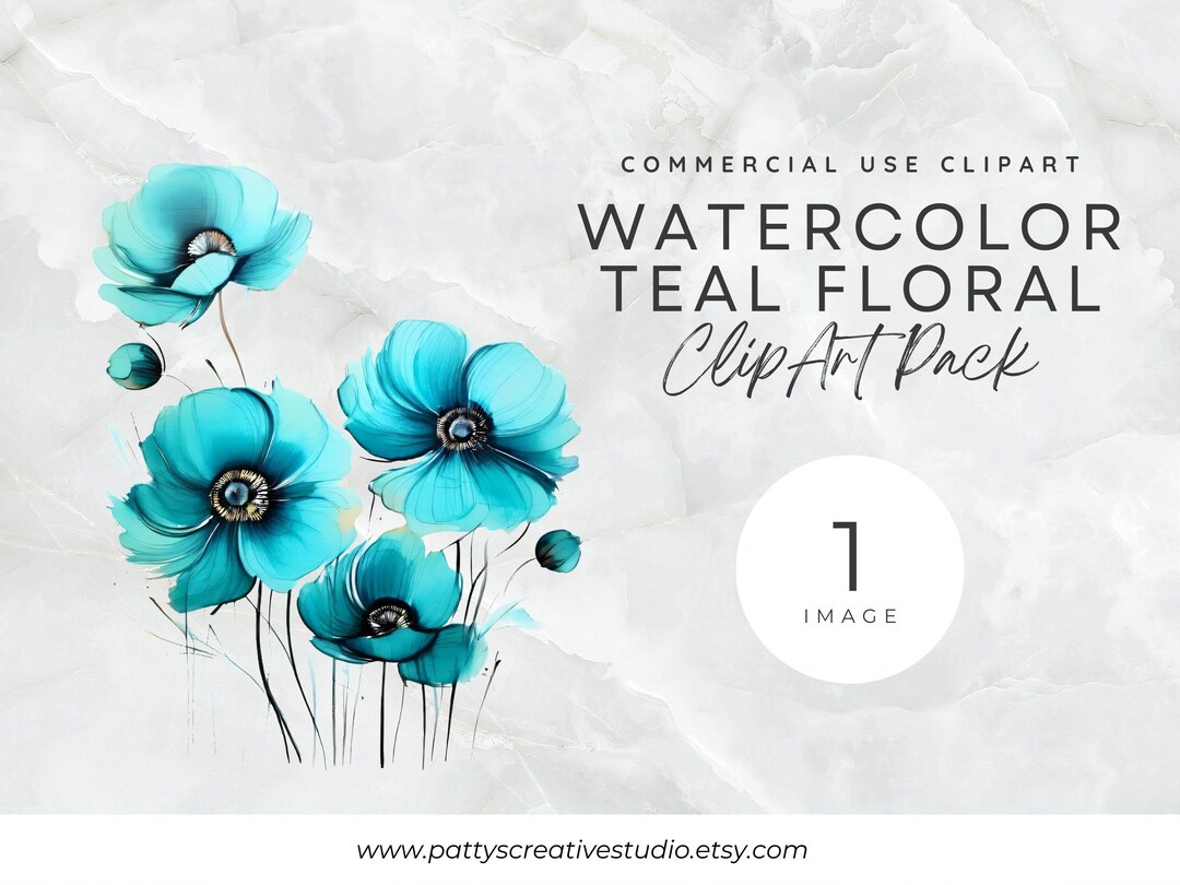 Teal Floral 1 Image Clipart Bright Teal Turquoise Watercolor Floral ...