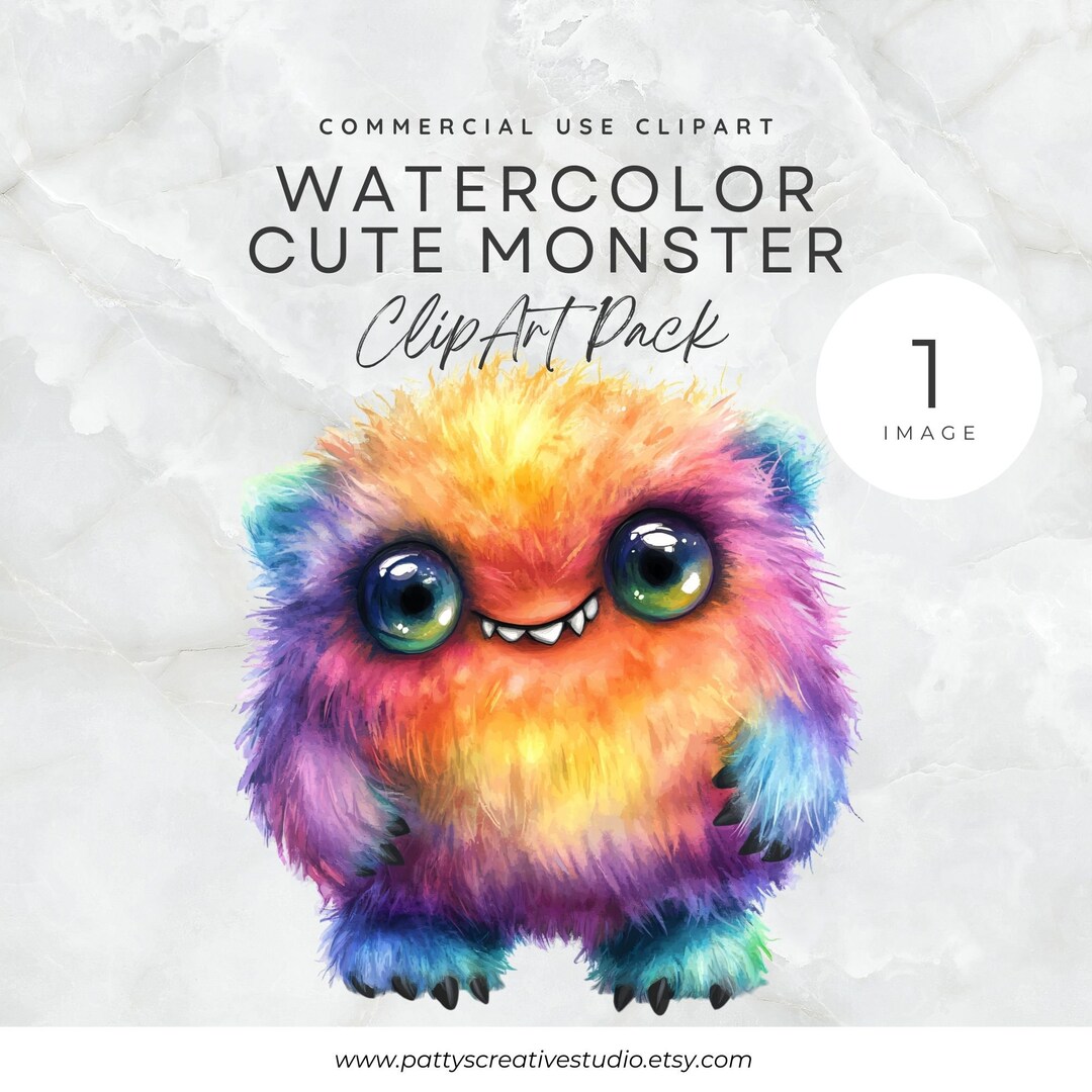 Cute Fuzzy Monster Watercolor Clipart 1 Image Digital Craft Cute Quirky ...