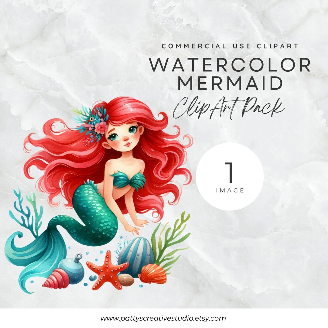 Cute Little Mermaid Watercolor Clipart 1 Image Princess Ariel Digital ...