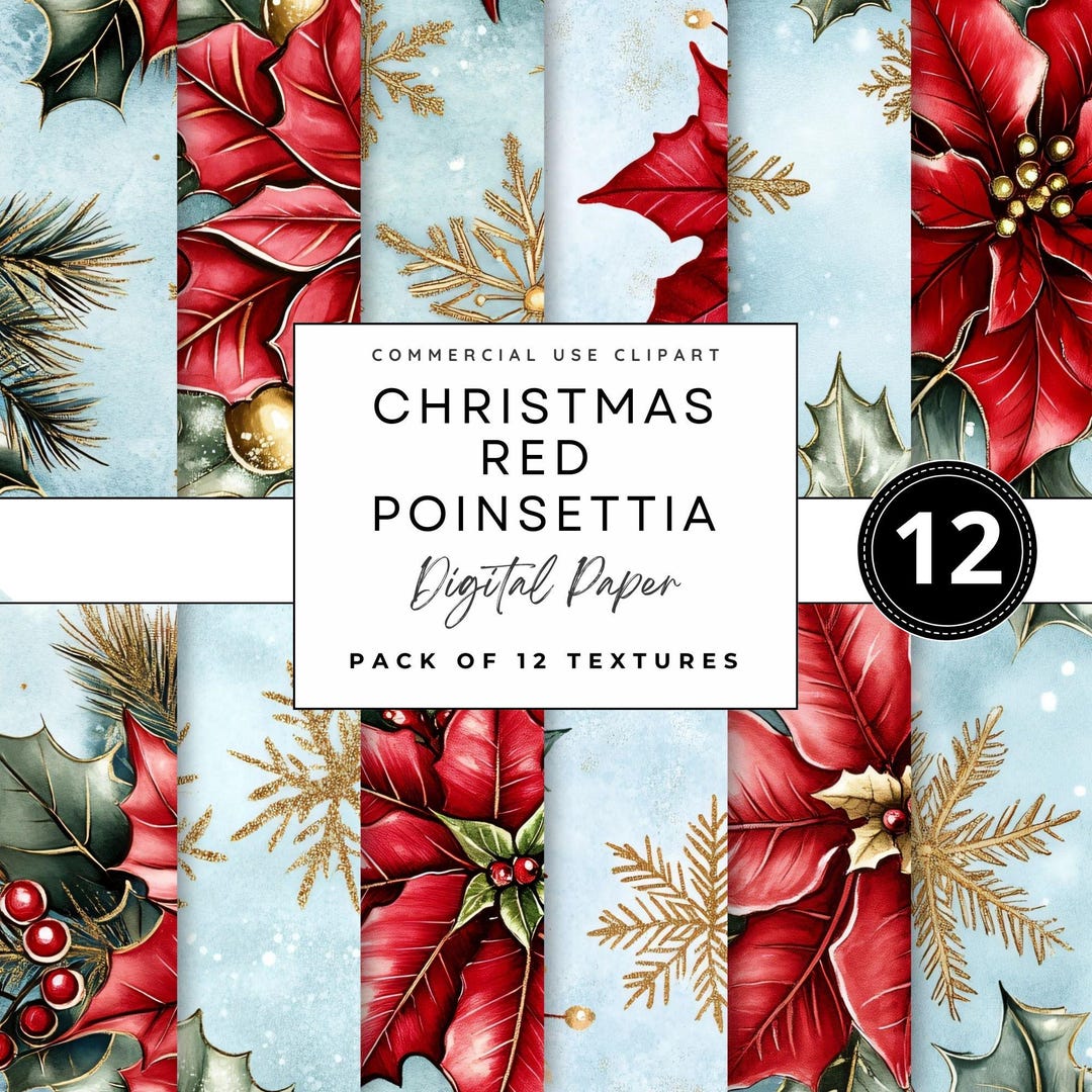 Red Poinsettia Digital Paper Seamless Pack Holiday Poinsettia Wrapping ...
