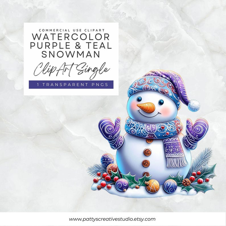 Purple Teal Snowman Clipart Christmas Card PNG Digital Download Cute ...