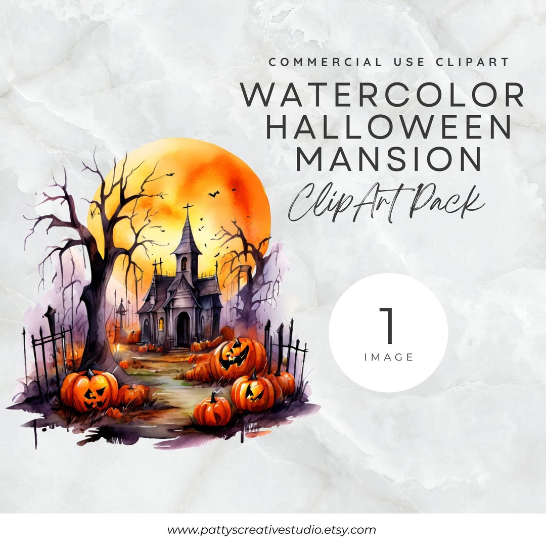 Halloween Haunted Manson Watercolor Clipart 1 Image Digital Craft Fall ...