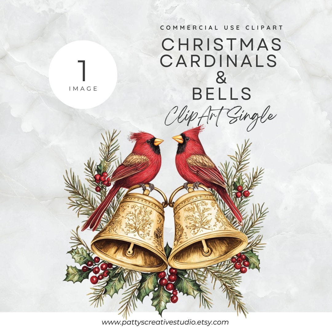 Christmas Cardinal & Bell Floral Clipart Watercolor Cardinal Jingle ...