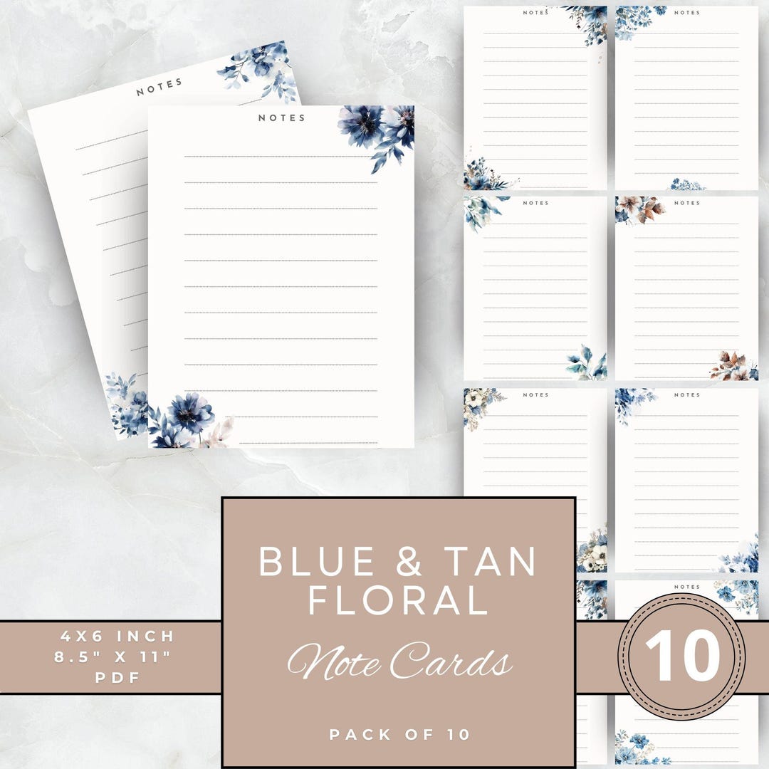 Blue Tan Floral Notecards Printable Set of 10 Digital Note Card ...