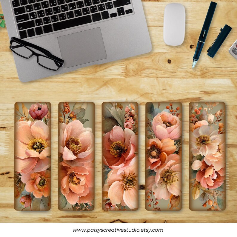 Sunset Peach Floral Bookmarks Printable Set of 5 Honey Blush Petals ...